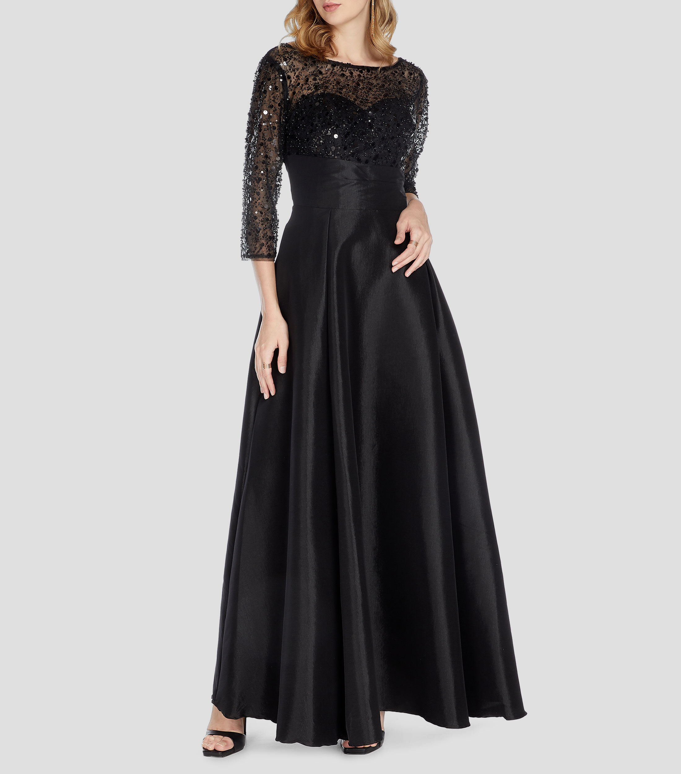 Massima: Vestido maxi negro con manga 3,4 con lentejuelas y chaquira ...