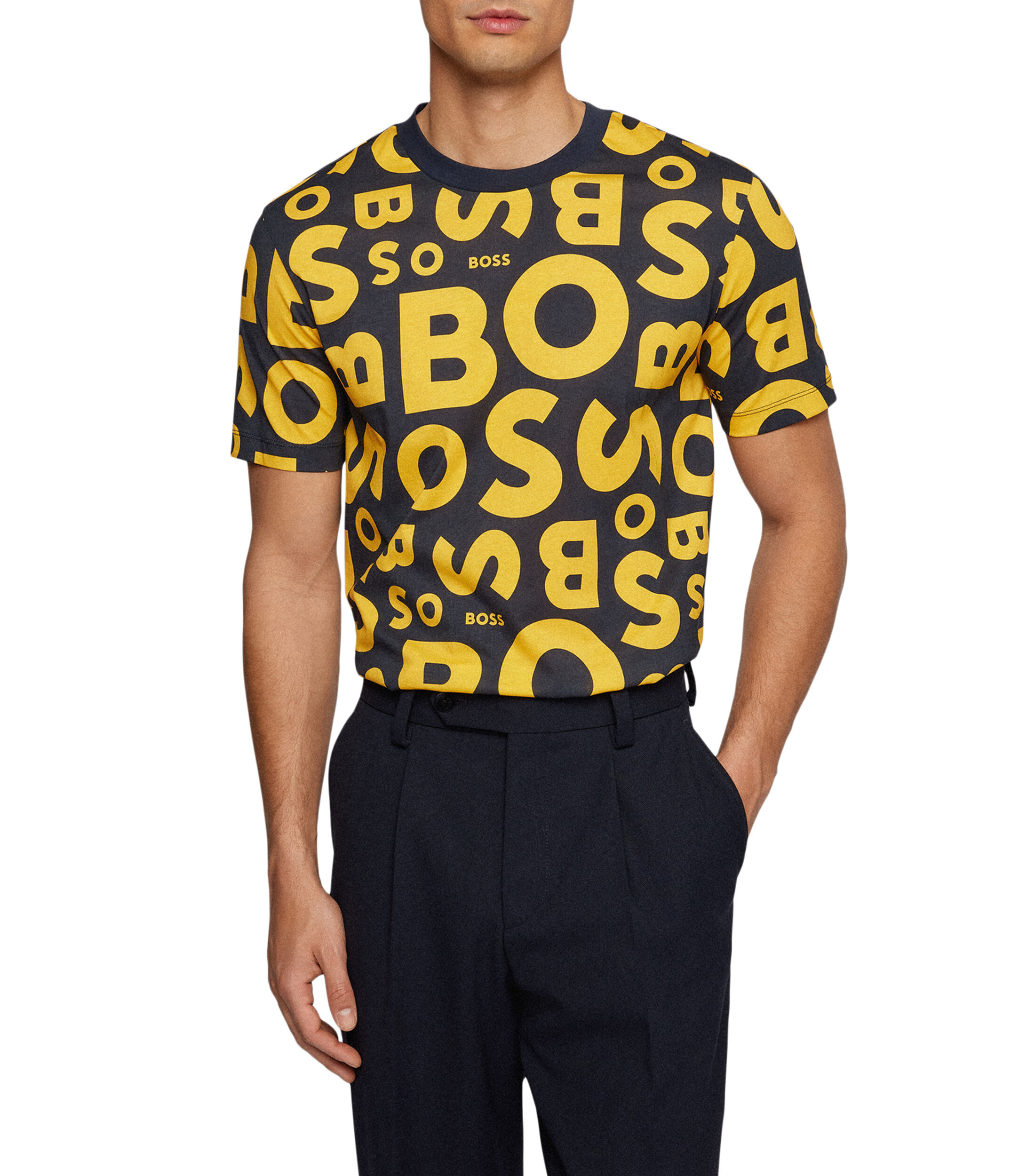 Boss Playera Boss de algodón mercerizado con cuello redondo y estampado ...