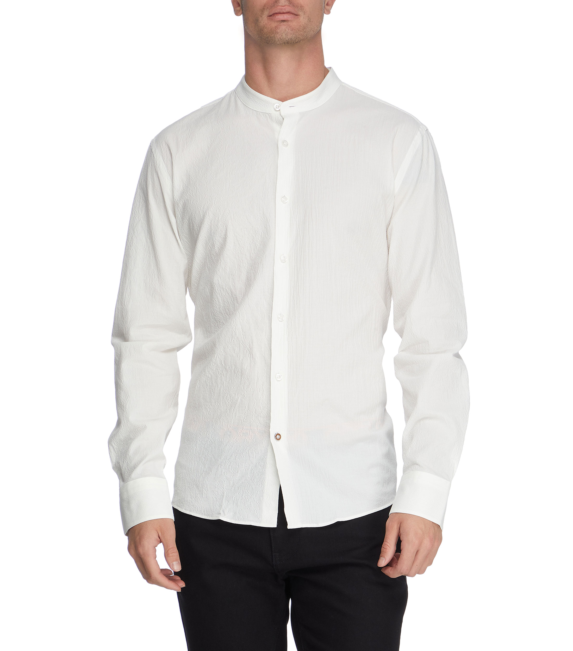 Boss: Camisa Slim fit sin cuello en tejido de sirsaca de algodón ...