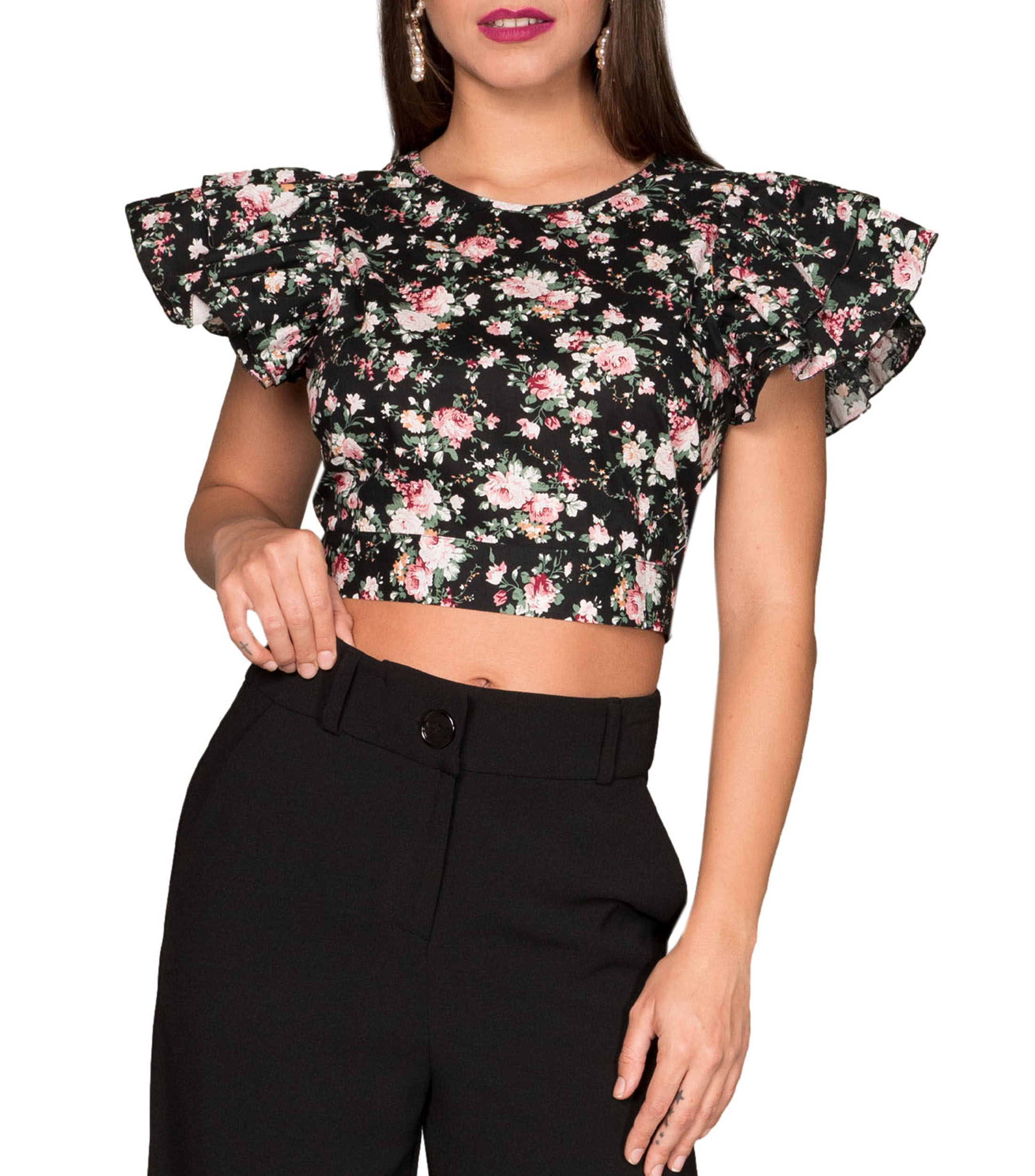 Tattoo Blusa crop top con flores manga corta Mujer - El Palacio de Hierro