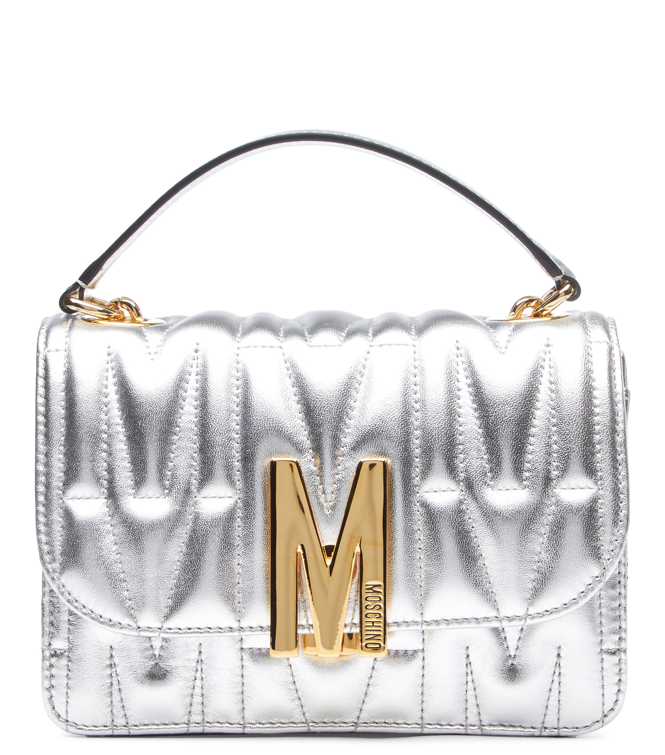 Moschino: Bolso shoulder plata en piel con letra inicial de la marca a ...