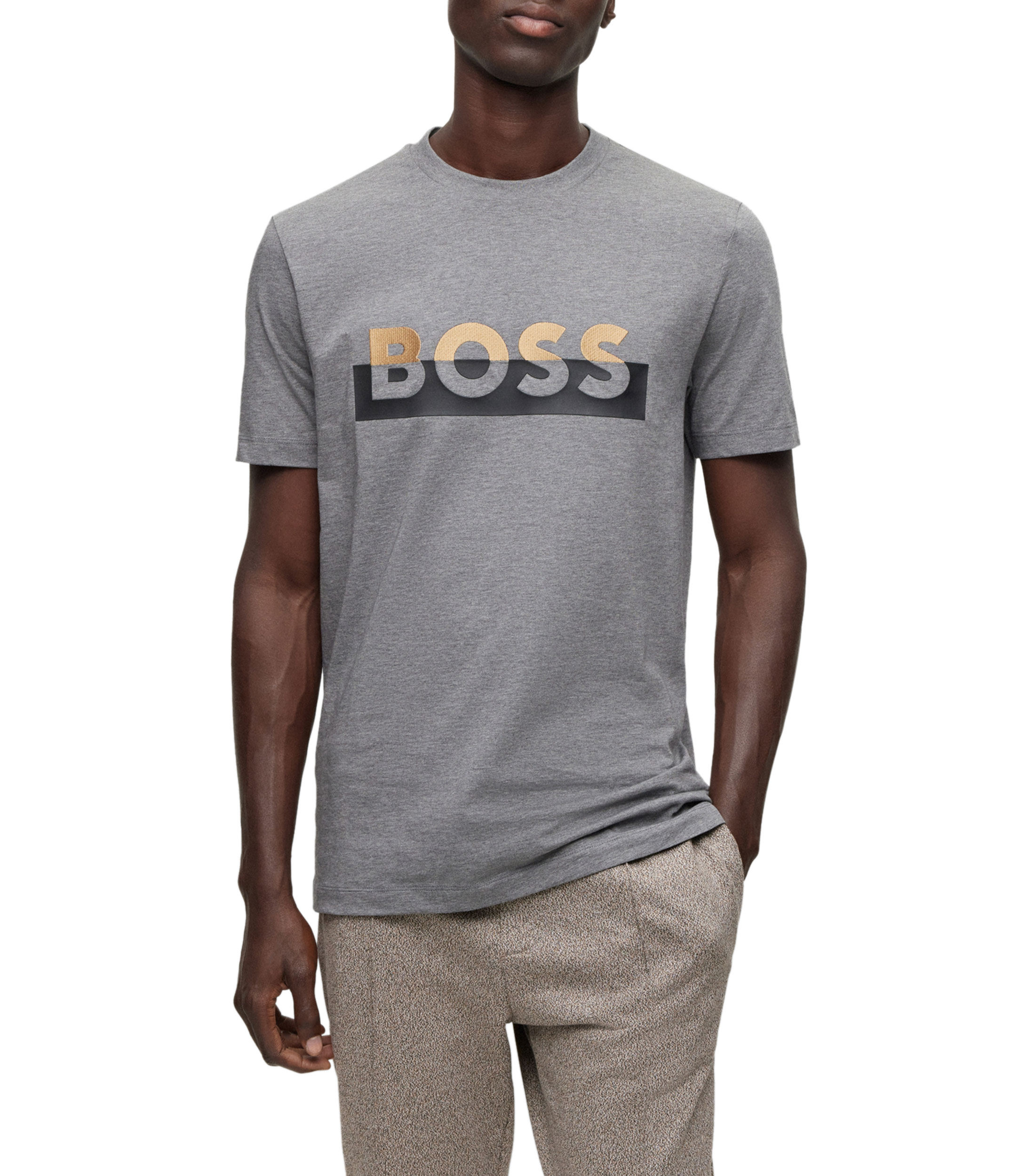 Boss: Playera de punto de algodón con detalles de la marca estampados y ...