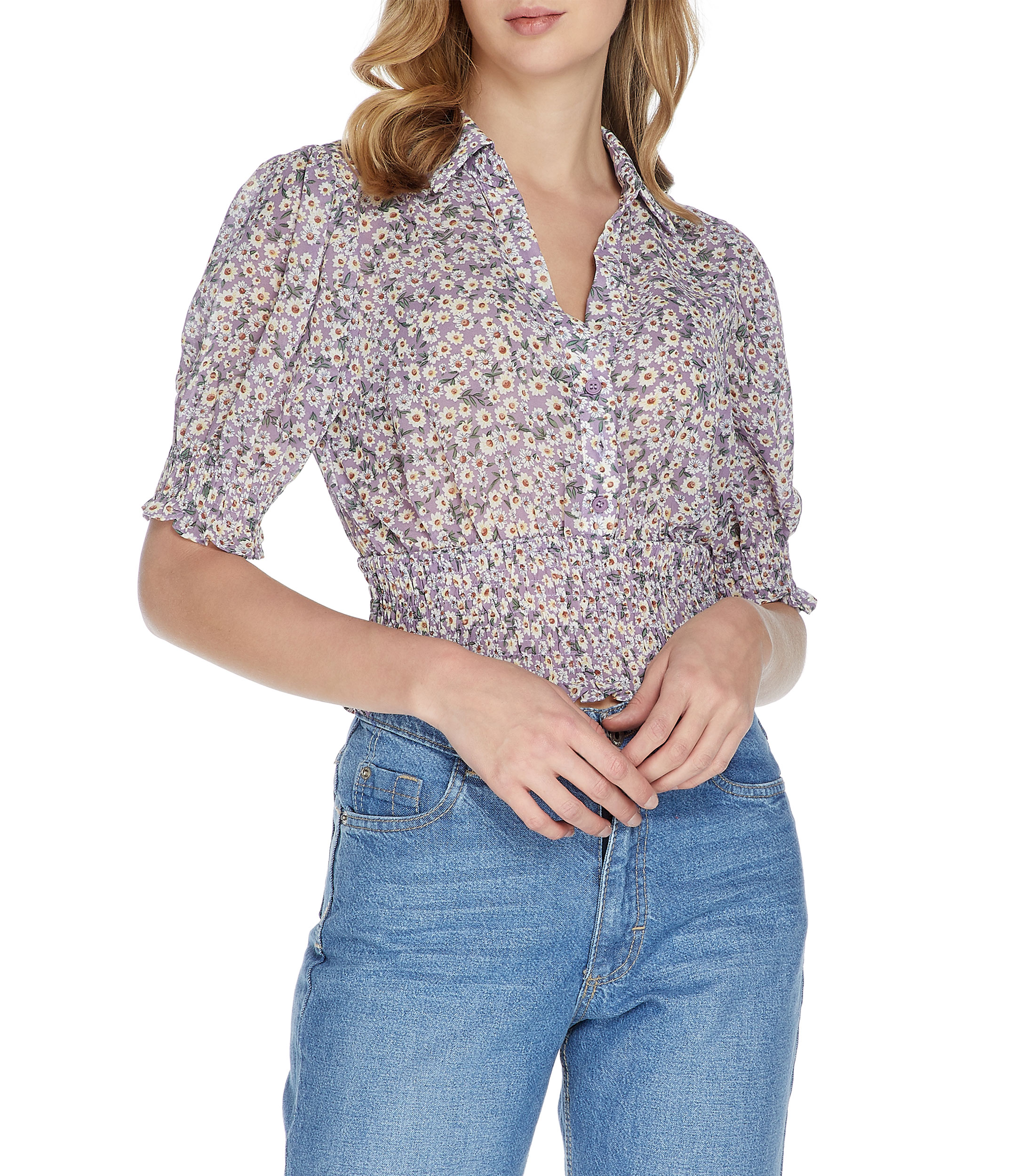 Catamaran: Blusa crop top con flores de manga corta Mujer | El Palacio ...