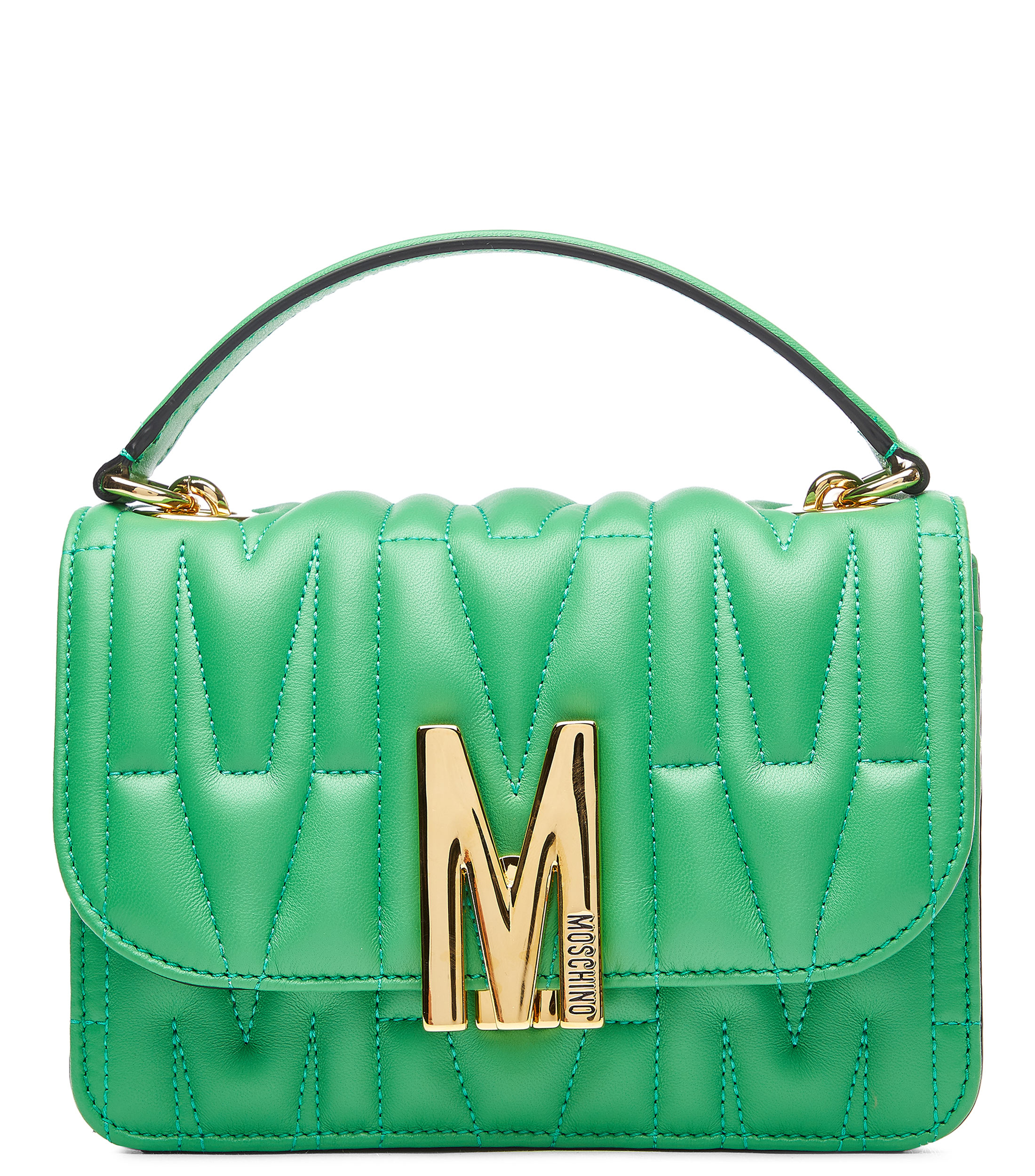 Moschino: Bolso shoulder verde en piel con inicial de la marca a tono ...