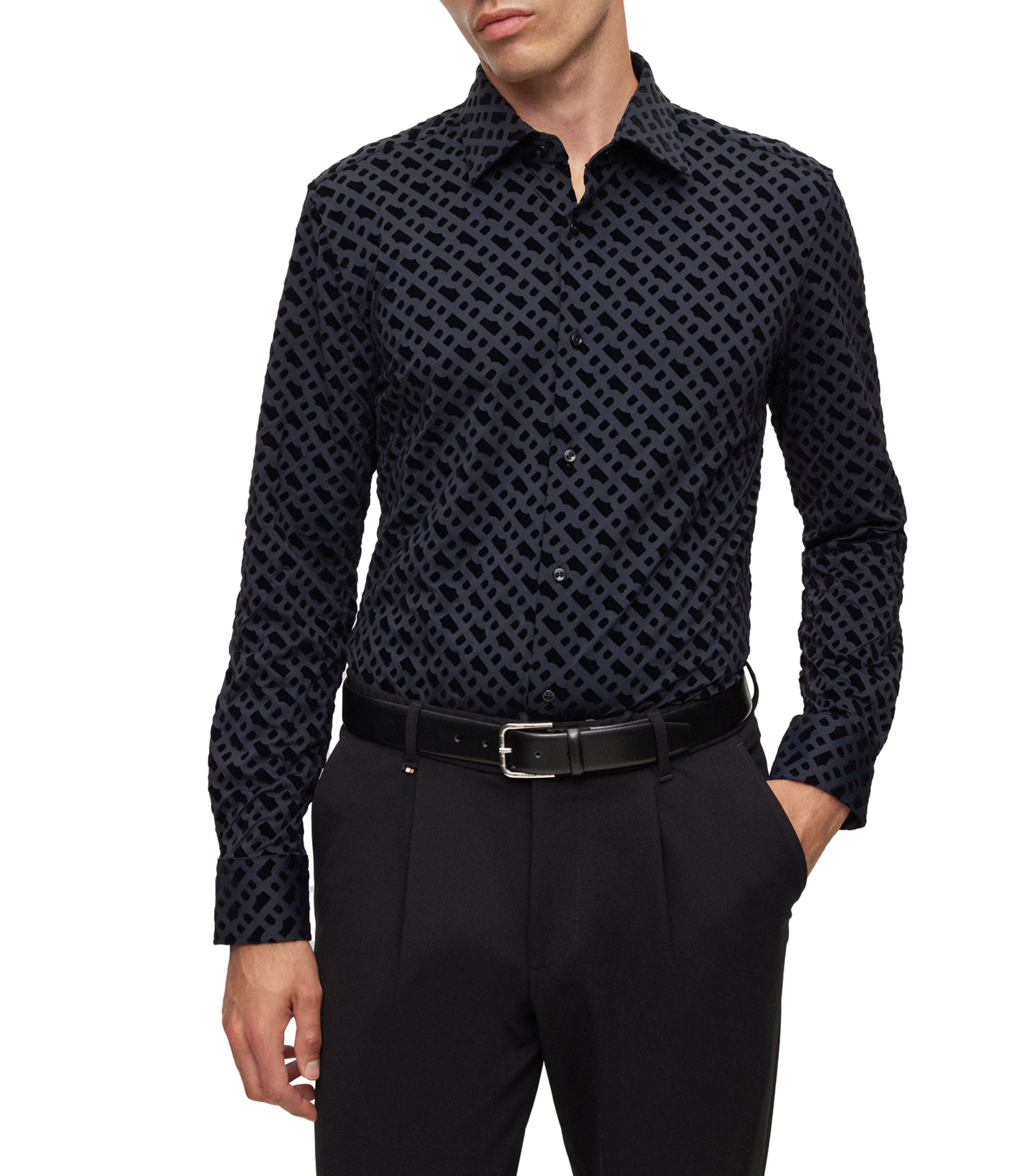 Boss: Camisa Slim Fit con iniciales estampadas en flocado de manga ...