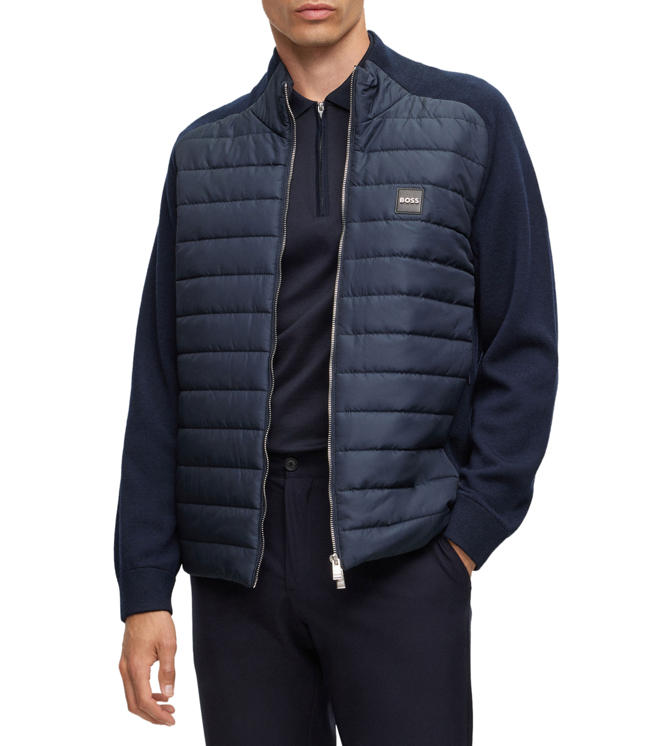 Boss Chamarra de punto con capucha y logo en mezcla de materiales ...