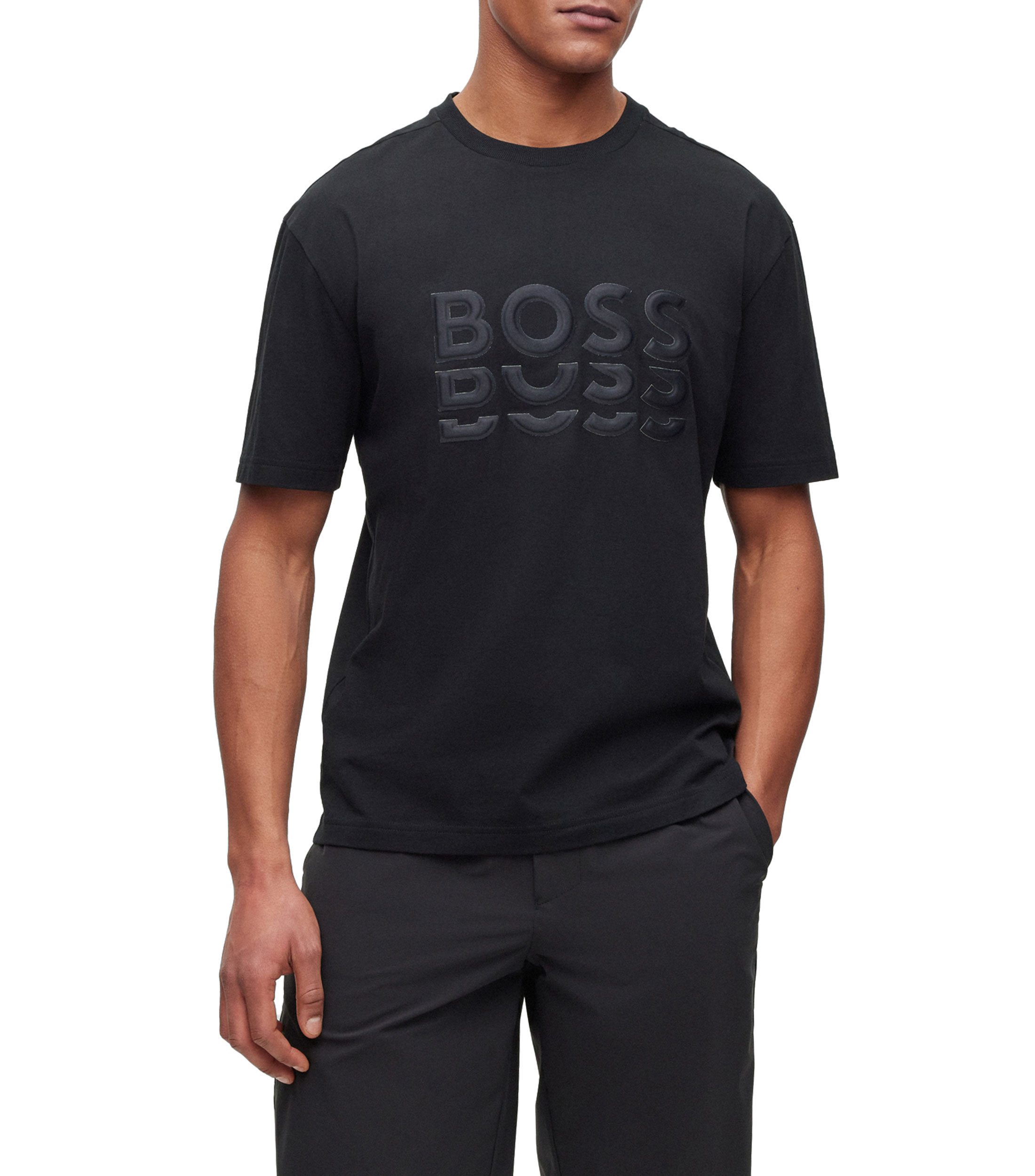 Boss: Playera regular fit de punto de algodón con logos tonales Hombre ...