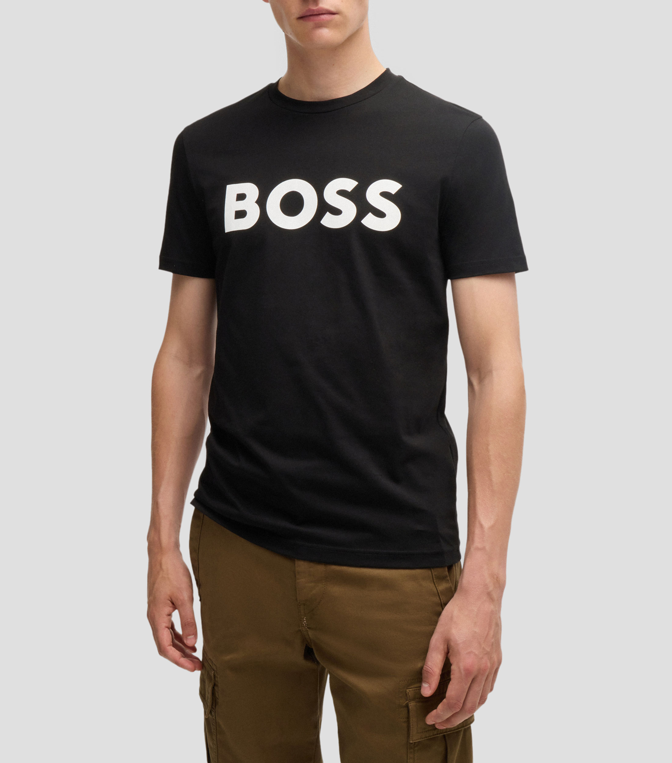 Boss: Playera de punto de algodón con logo estampado de goma Hombre ...
