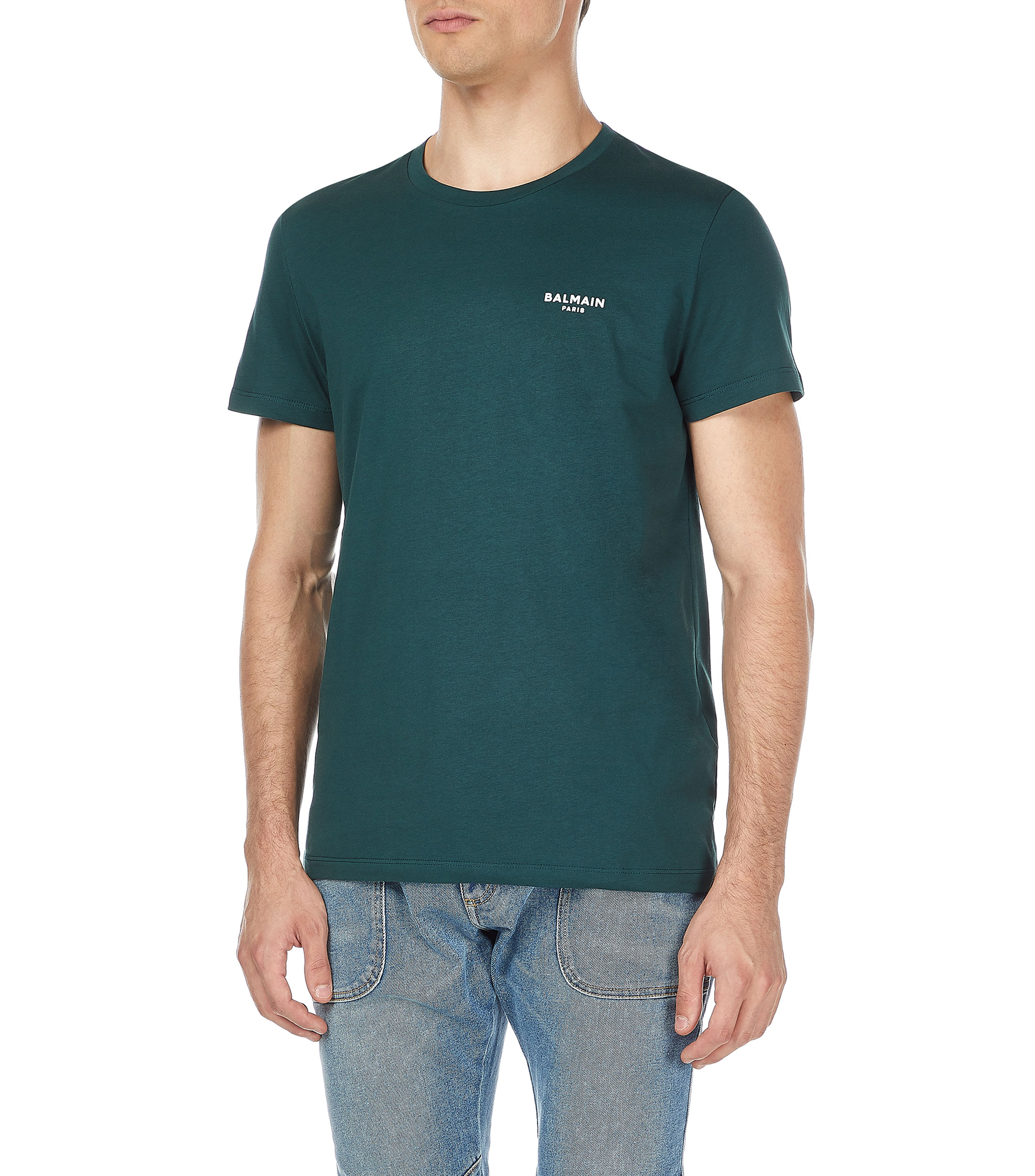 Balmain: Playera de cuello redondo con manga corta y logo en relieve ...