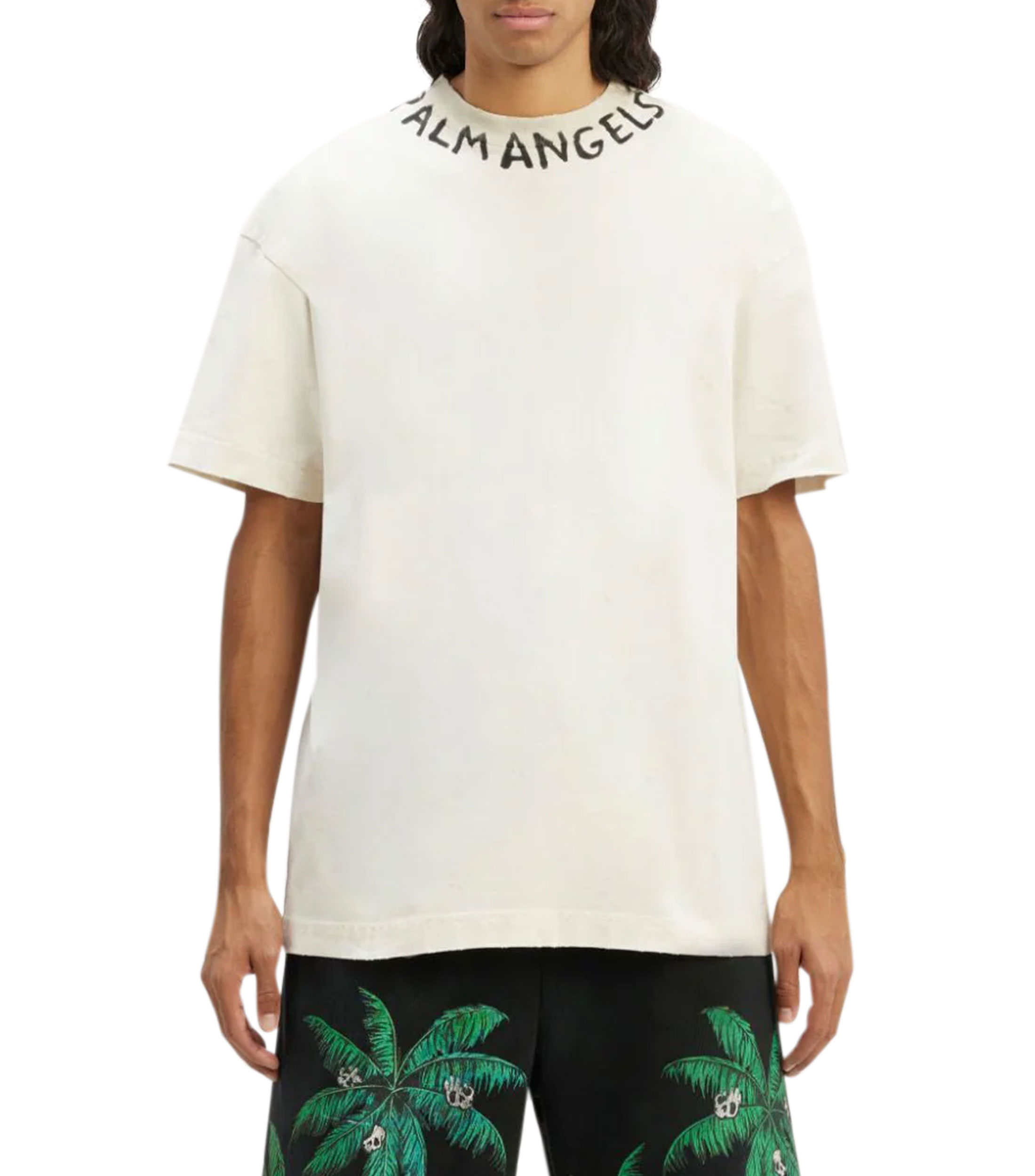 Palm Angels: Playera vintage blanca con cuello redondo, manga corta y ...
