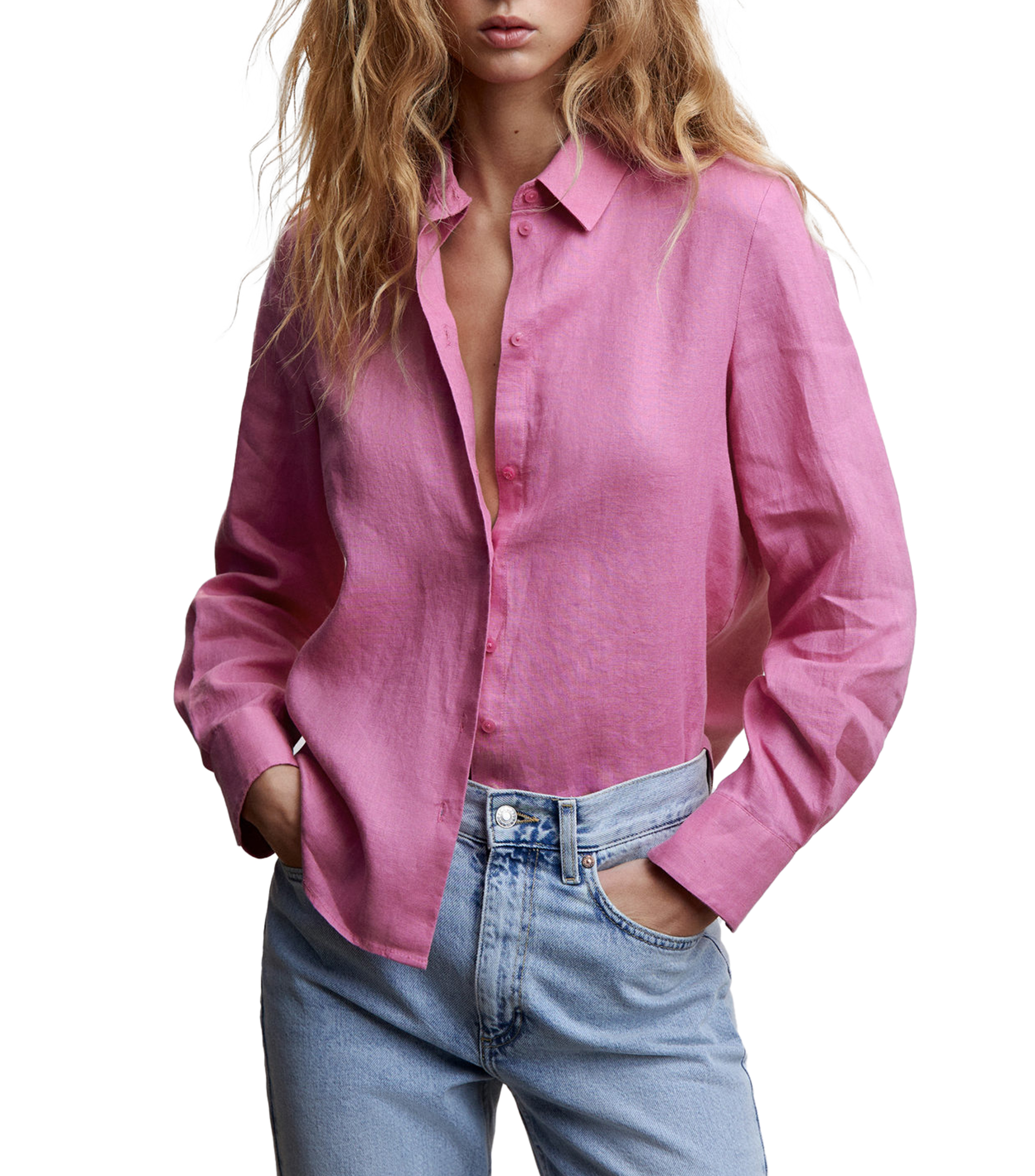 Mango: Camisa rosa de lino manga larga Mujer | El Palacio de Hierro