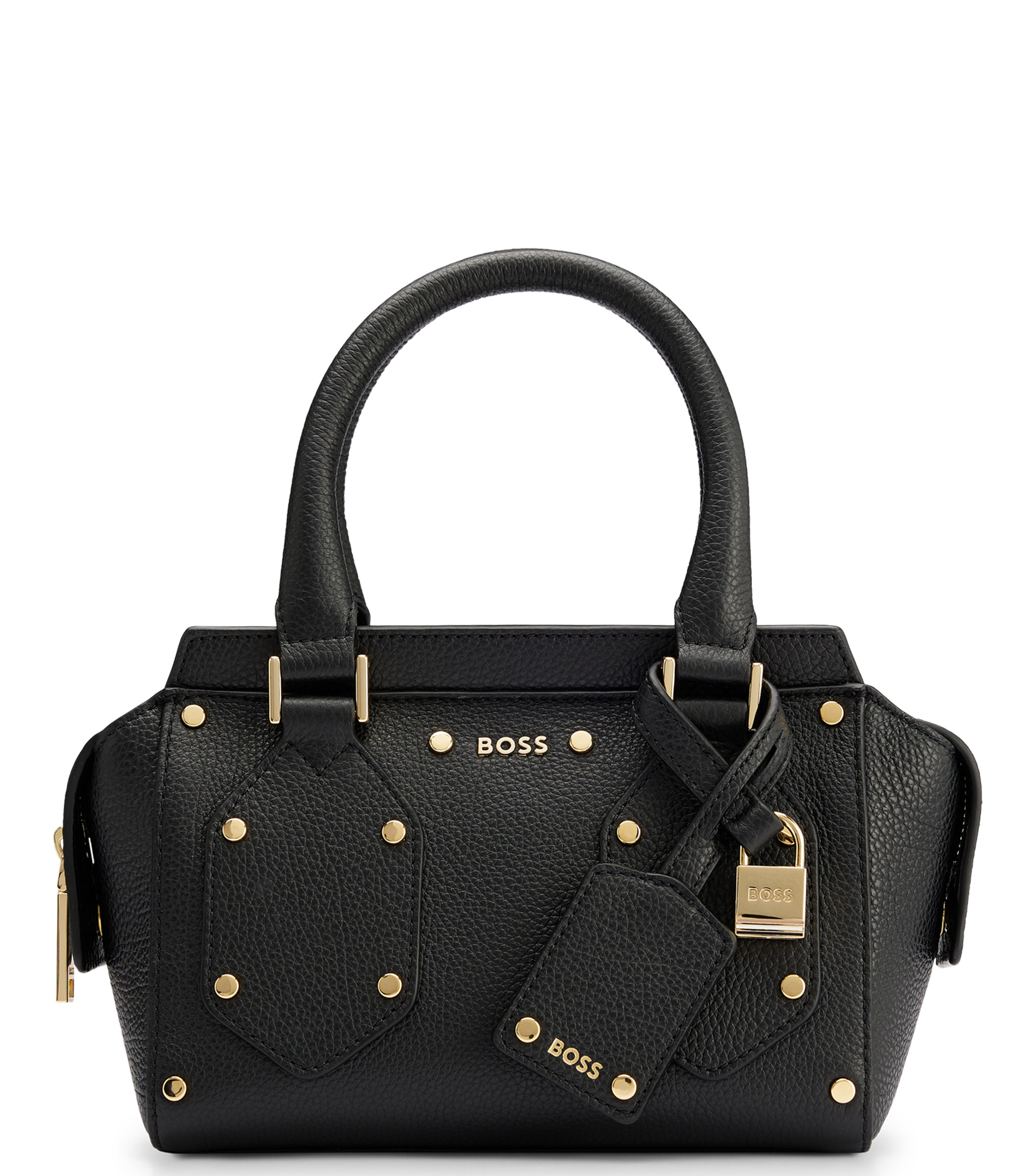 Boss: Bolso Tote mini de piel negra granulada con candado y etiqueta ...