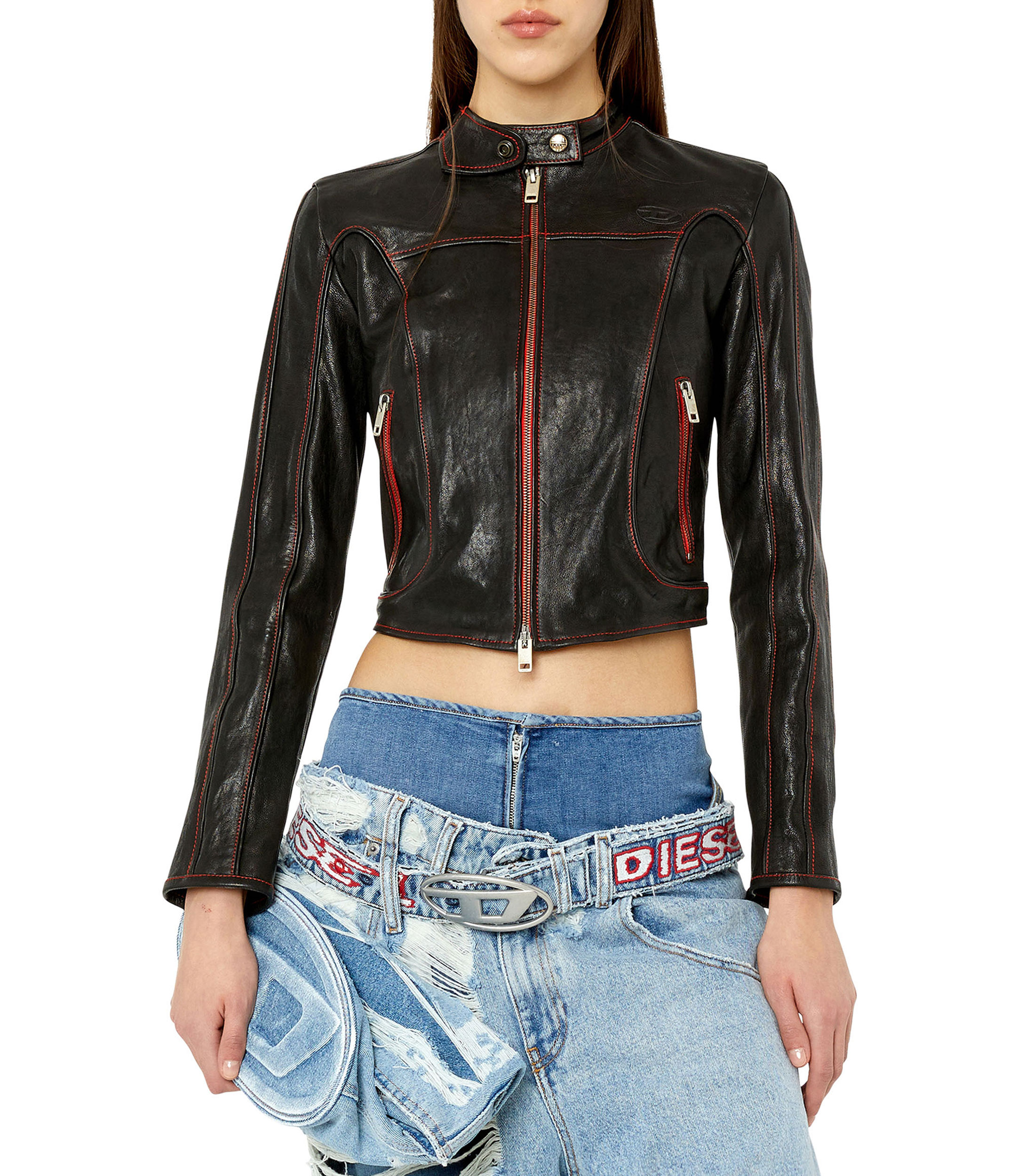 Diesel Chamarra corta Diesel biker de cuero con detalles en contraste ...